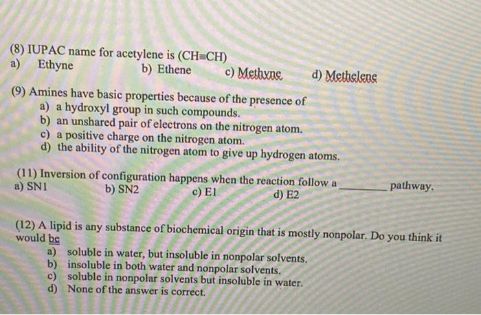 Solved (8) IUPAC name for acetylene is (CH=CH) a) Ethyne b) | Chegg.com