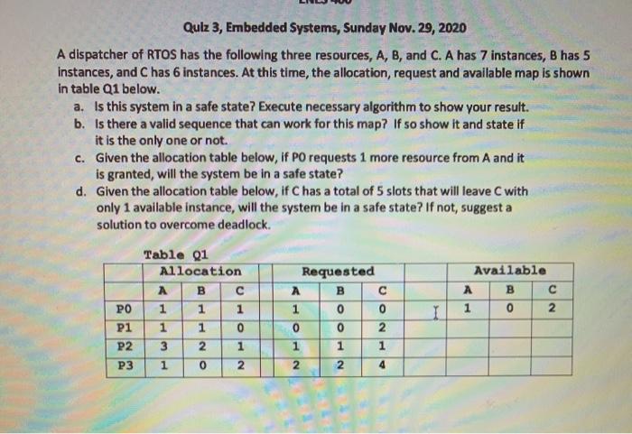 Solved Qulz 3, Embedded Systems, Sunday Nov. 29, 2020 A | Chegg.com