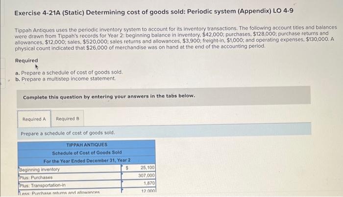 Solved Exercise 4-21A (Static) Determining cost of goods | Chegg.com