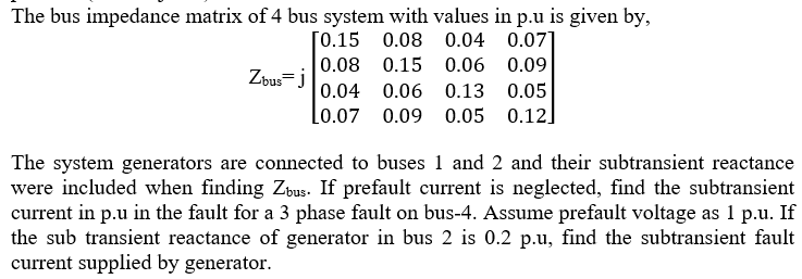 Solved The bus impedance matrix of 4 ﻿bus system with values | Chegg.com