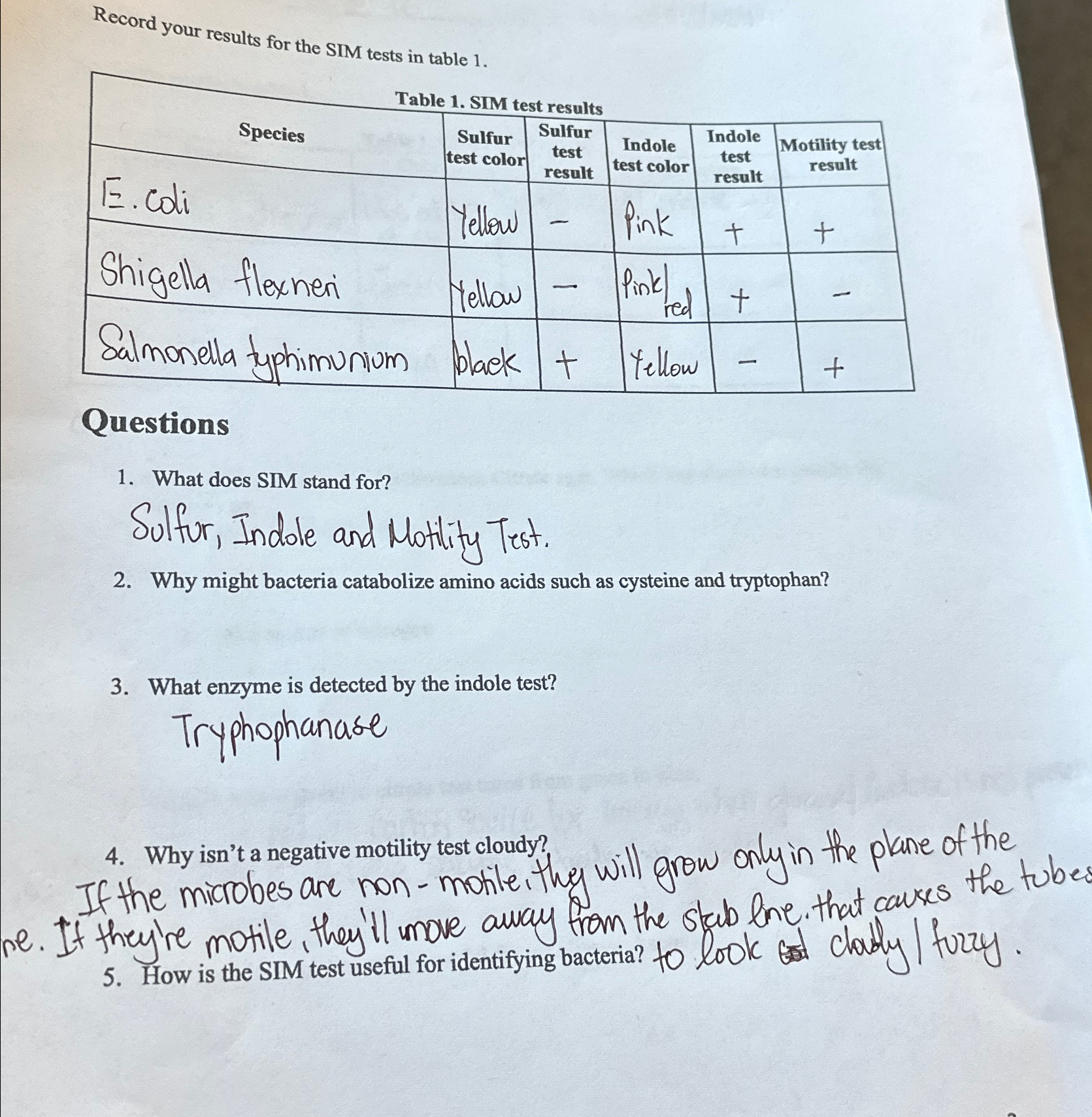 Solved Record your results for the SIM tests in table | Chegg.com