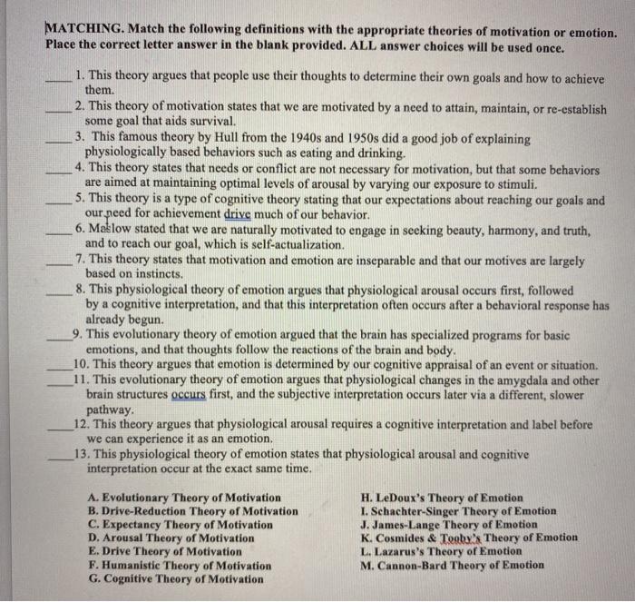 Solved MATCHING. Match the following definitions with the | Chegg.com