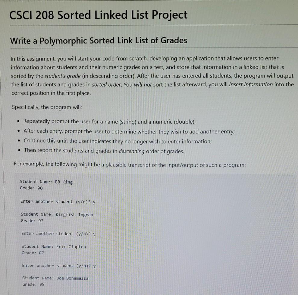 Solved Csci 208 Sorted Linked List Project Write A 