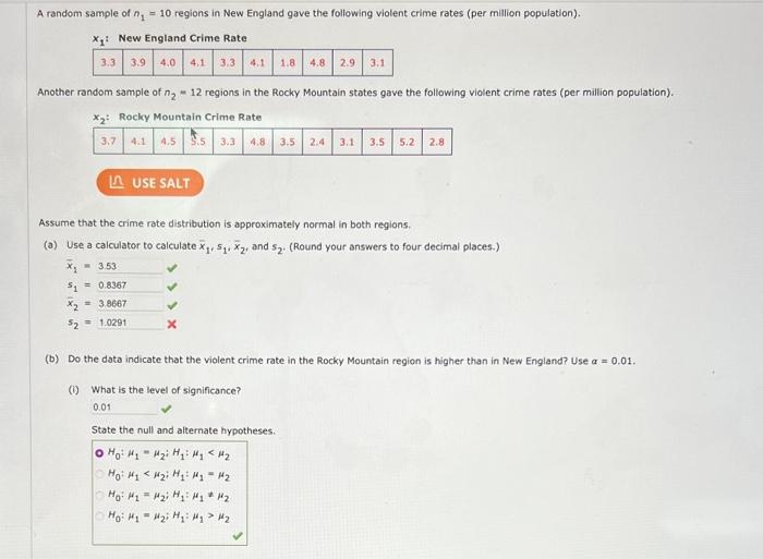 Solved random sample of n1=10 regions in New England gave | Chegg.com