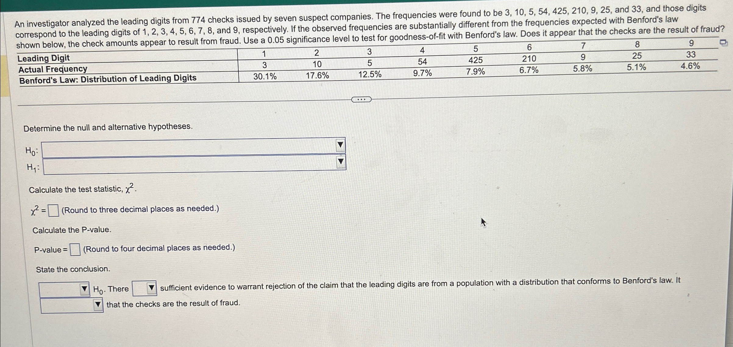 Solved An investigator analyzed the leading digits from 774 | Chegg.com