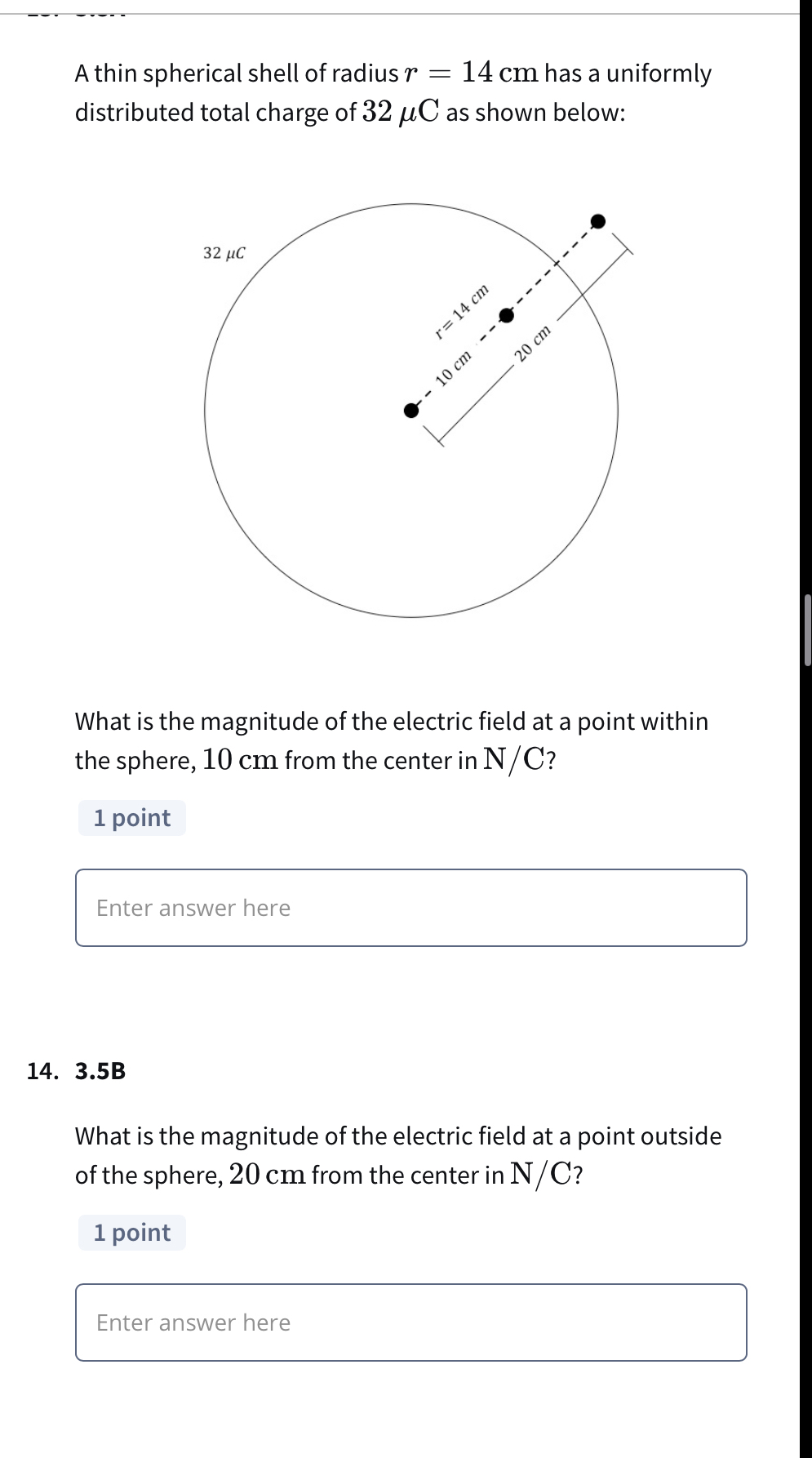 Solved A thin spherical shell of radius r=14cm ﻿has a | Chegg.com