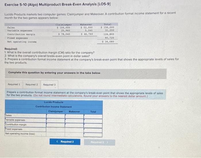 Solved Exercise 5-10 (Algo) Multiproduct Break-Even Analysis | Chegg.com