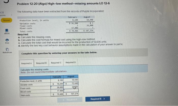 Solved Problem 12-20 (Algo) High-low method-missing amounts | Chegg.com