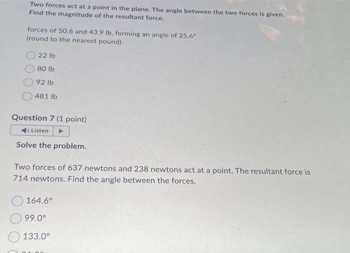 Solved Two forces act at a point in the plane. The angle | Chegg.com