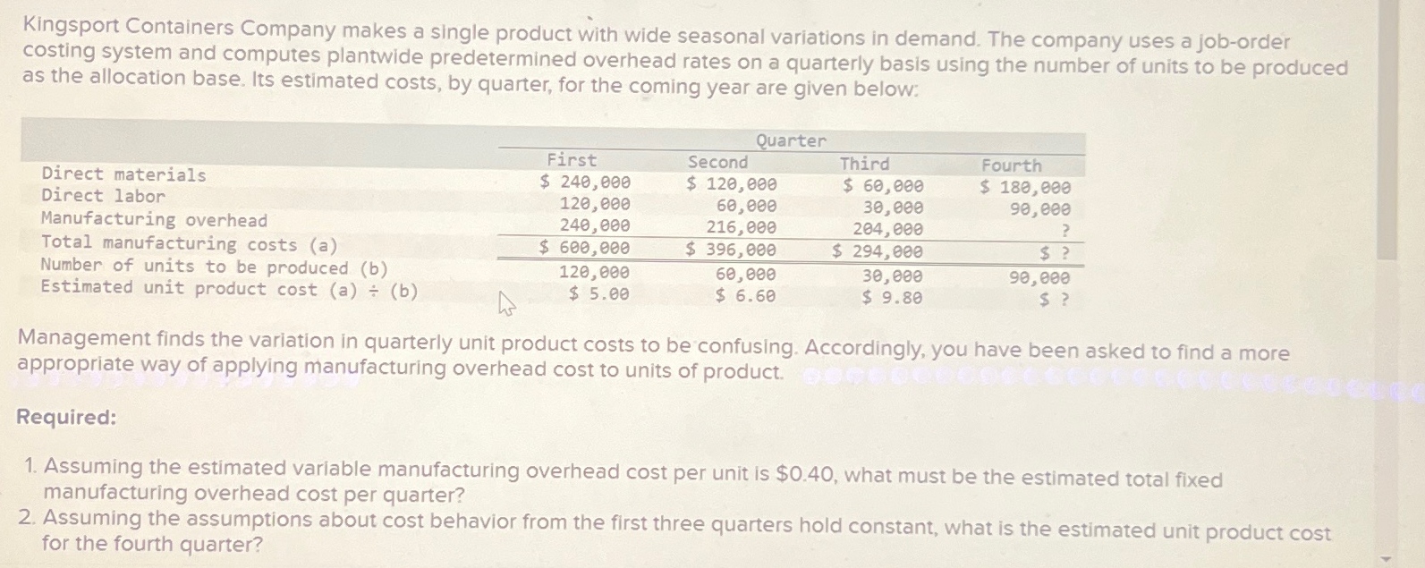Solved Kingsport Containers Company makes a single product | Chegg.com