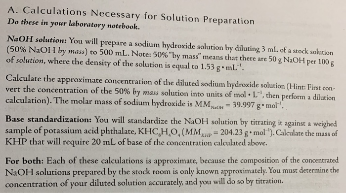 Solved A. Calculations Necessary for Solution Preparation Do | Chegg.com