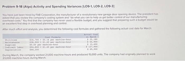 Solved Problem 9-18 (Algo) Activity and Spending Variances | Chegg.com