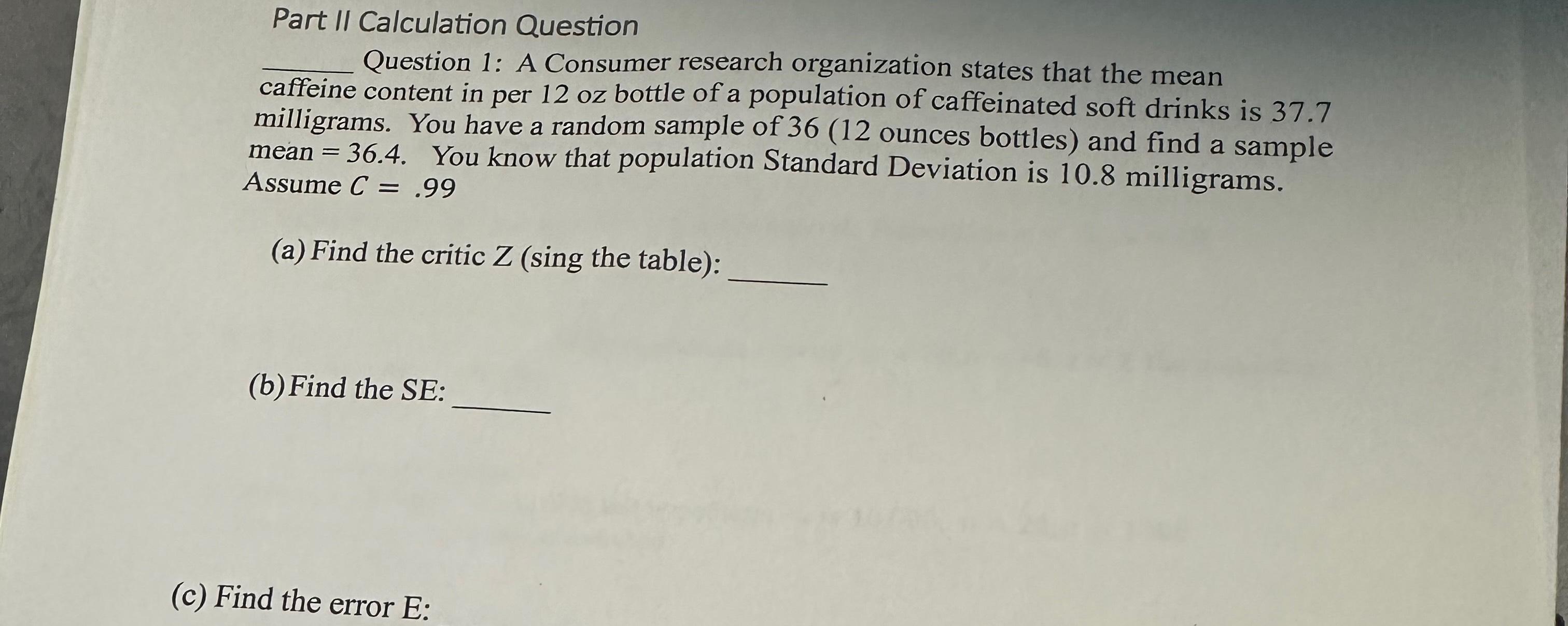 Solved Part II Calculation QuestionQuestion 1: A Consumer | Chegg.com