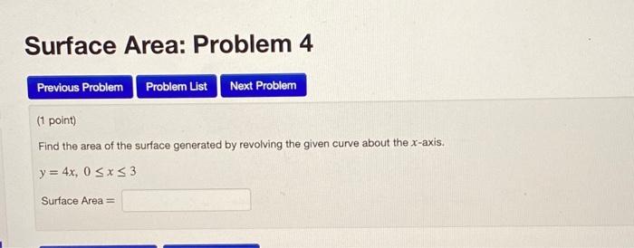 Solved Surface Area: Problem 1 Previous Problem Problem List | Chegg.com