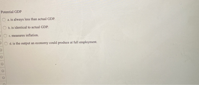 Solved Potential GDP a. is always less than actual GDP. b. | Chegg.com