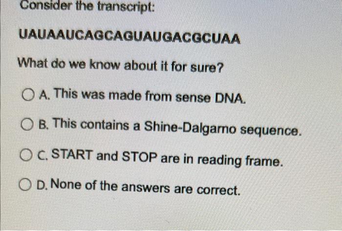 Solved Consider the transcript: UAUAAUCAGCAGUAUGACGCUAA What | Chegg.com