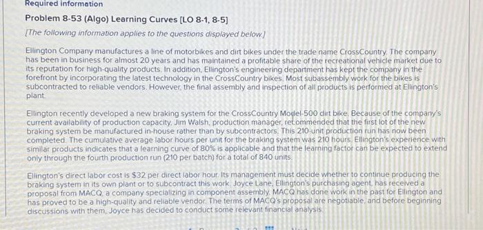 Solved Problem 8-53 (Algo) Learning Curves [LO 8-1, 8-5] | Chegg.com