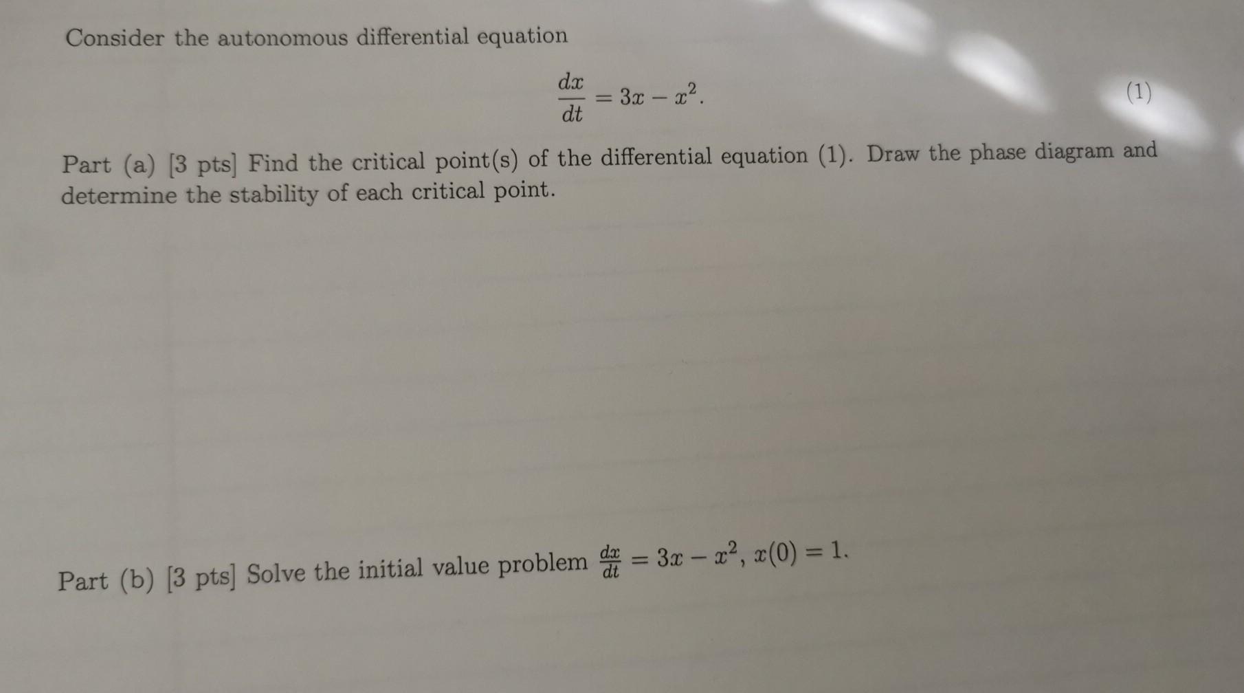 Solved Consider the autonomous differential equation dx dt - | Chegg.com