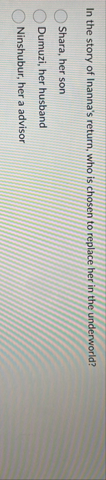 Solved In the story of Inanna's return, who is chosen to | Chegg.com