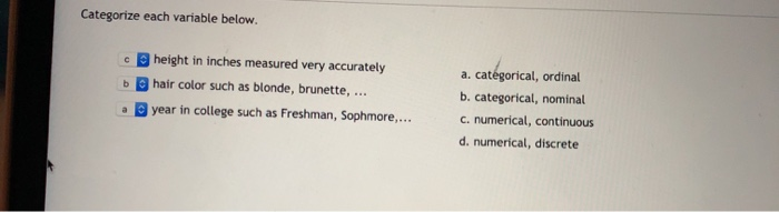 Solved Categorize each variable below. e b - height in | Chegg.com