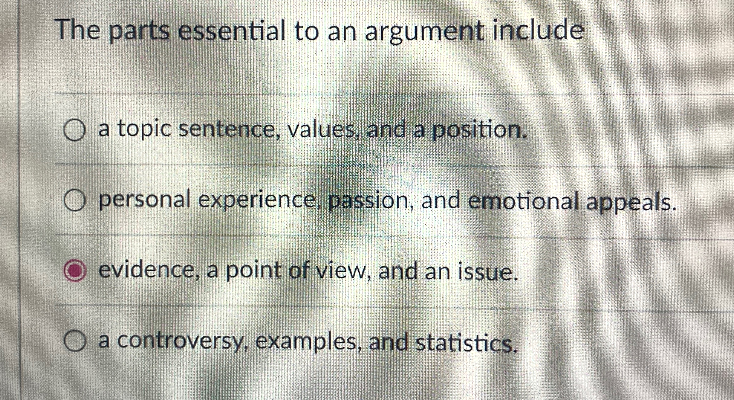 Solved The parts essential to an argument includea topic | Chegg.com