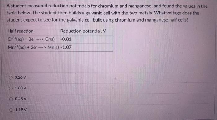 Solved A student measured reduction potentials for chromium | Chegg.com