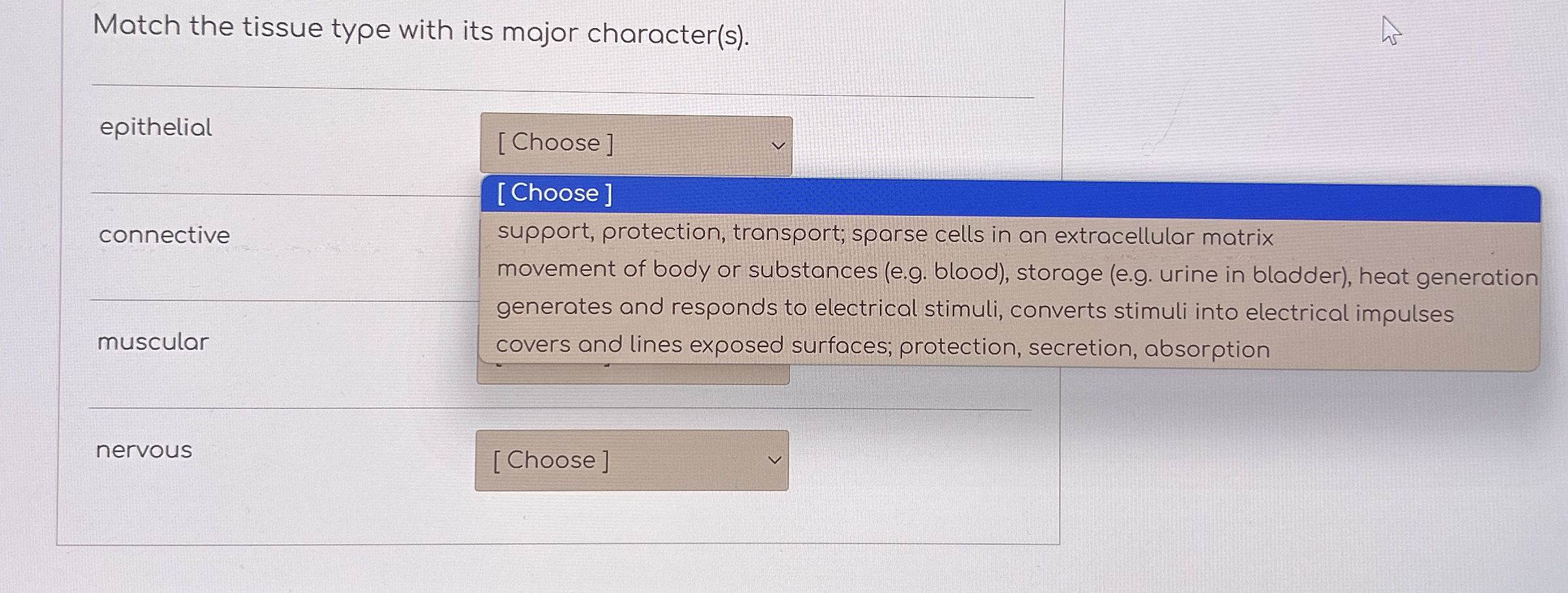 [solved] Match The Tissue Type With Its Major Character S