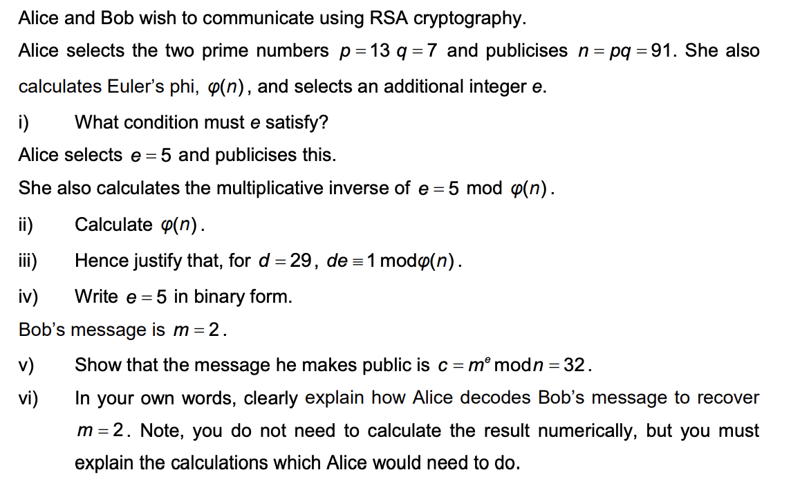 Solved Alice and Bob wish to communicate using RSA | Chegg.com