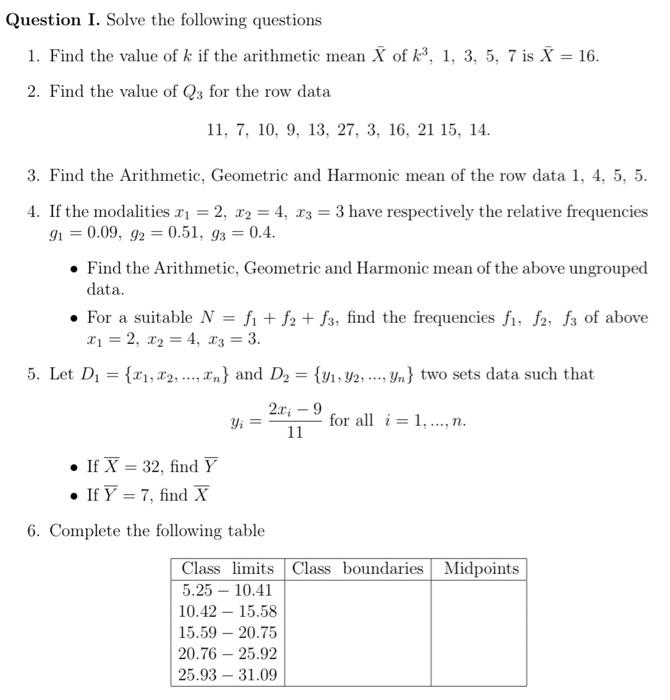 Solved Question I. Solve the following questions 1. Find the | Chegg.com