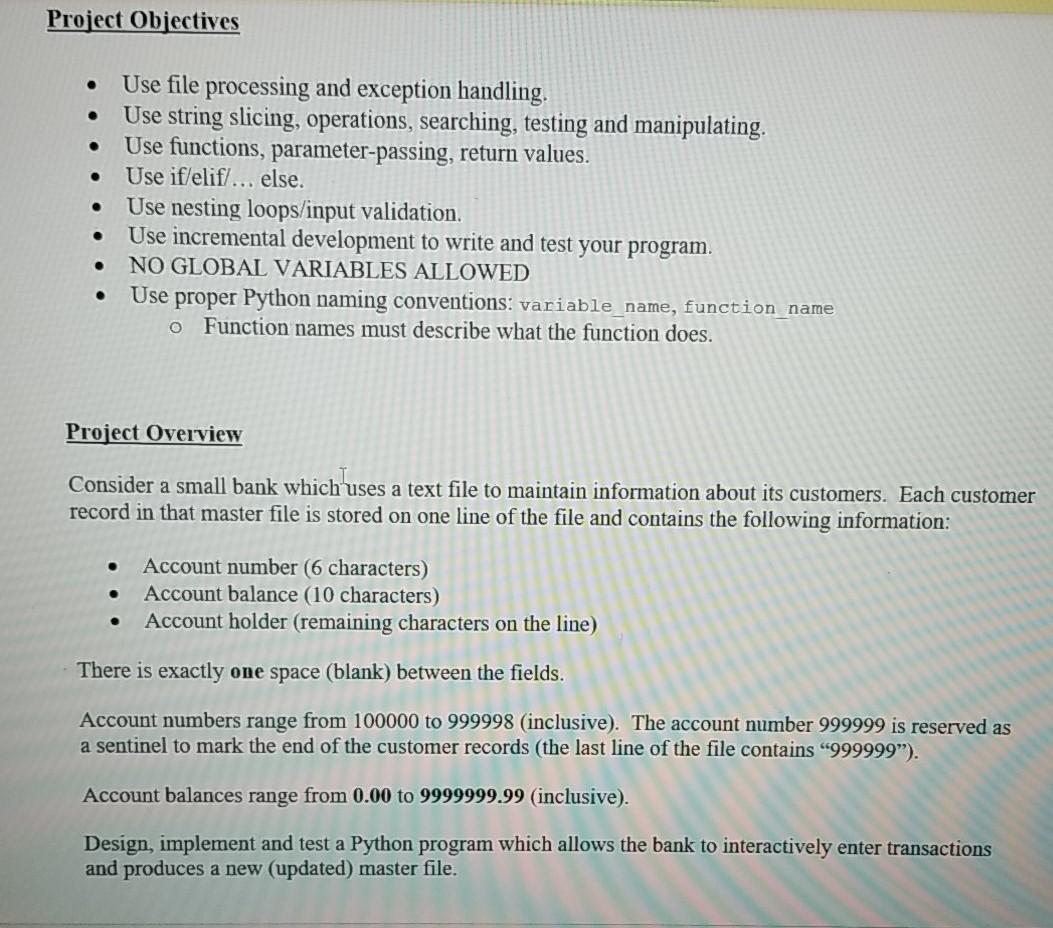 Solved Project Objectives . . Use file processing and | Chegg.com