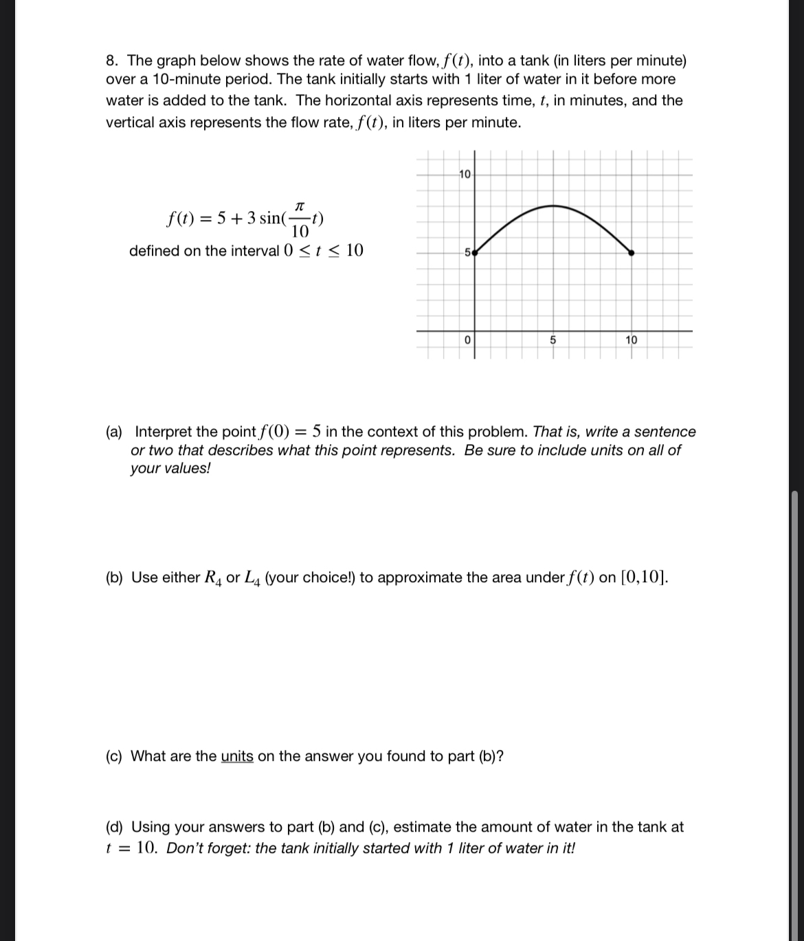 Solved The graph below shows the rate of water flow, f(t), | Chegg.com