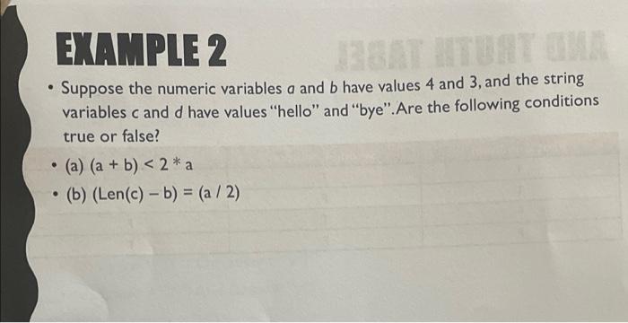 Solved EXAMPLE 2 Suppose the numeric variables a and b have | Chegg.com
