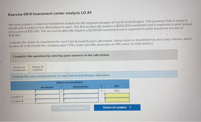 Solved Exercise 09-9 Investment center analysis LO A1 You | Chegg.com