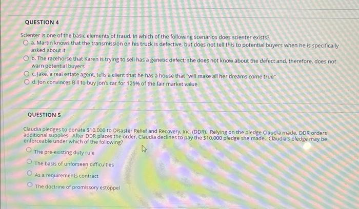 Solved QUESTION 4 Scienter is one of the basic elements of | Chegg.com