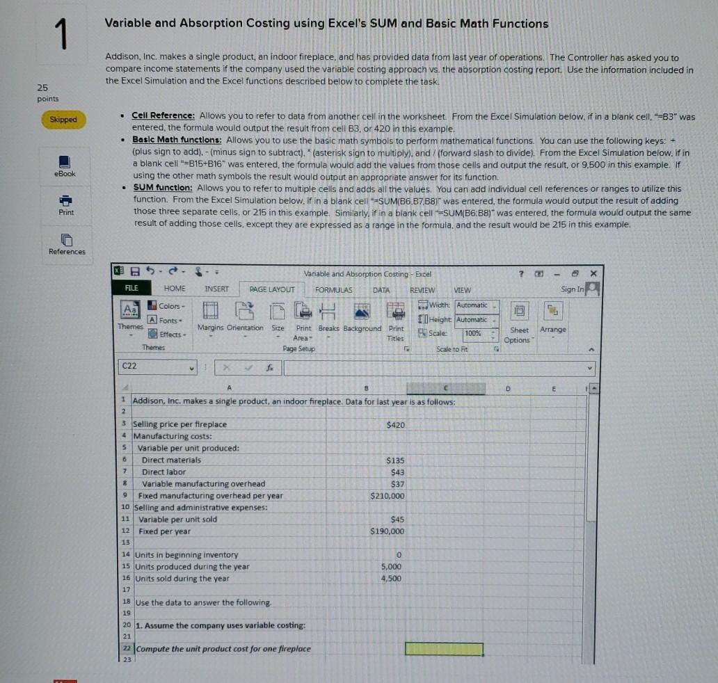 Solved Variable and Absorption Costing using Excel's SUM and | Chegg.com