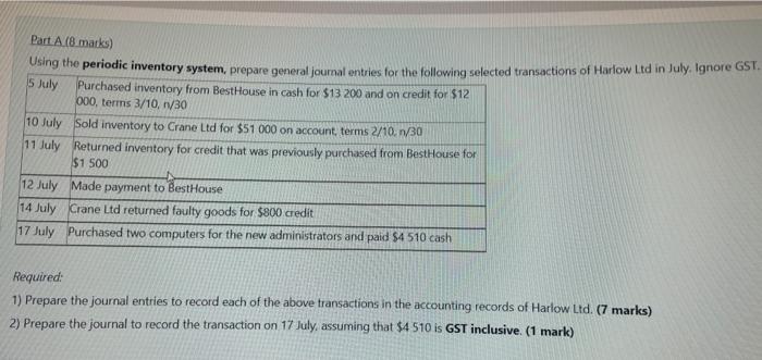 Solved Part A ( 8 marks) Using the periodic inventory | Chegg.com