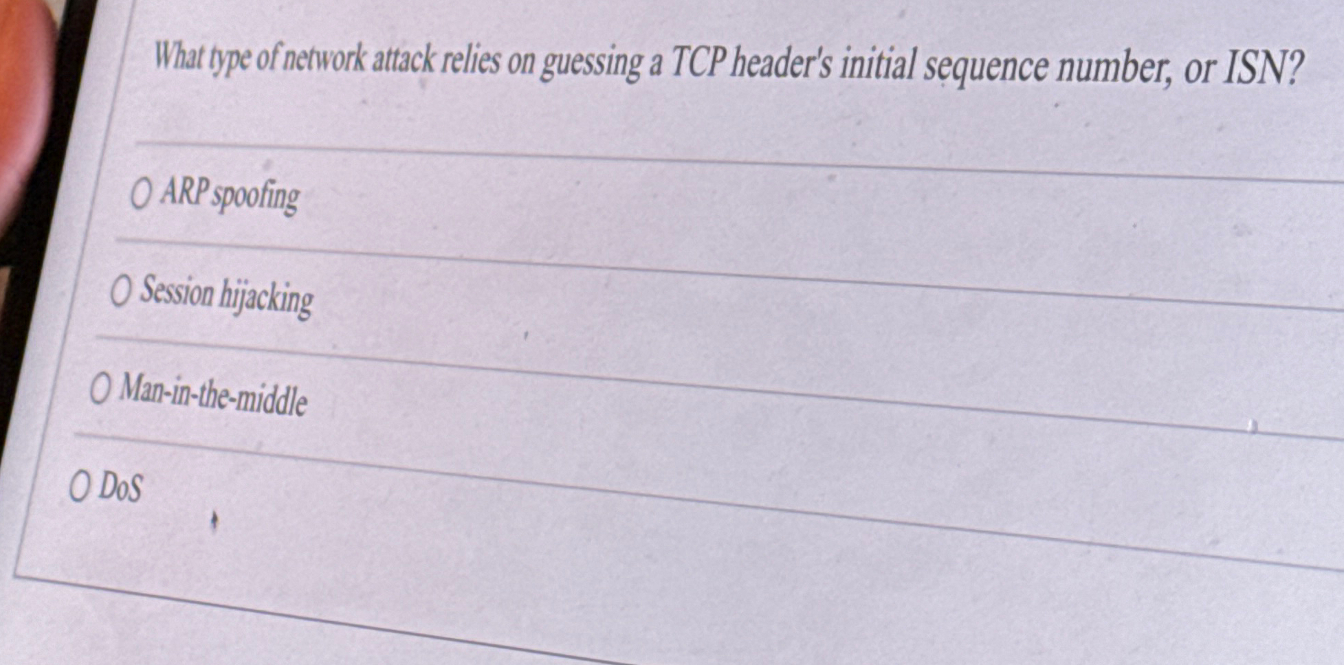 Solved What type of network attack relies on guessing a TCP | Chegg.com