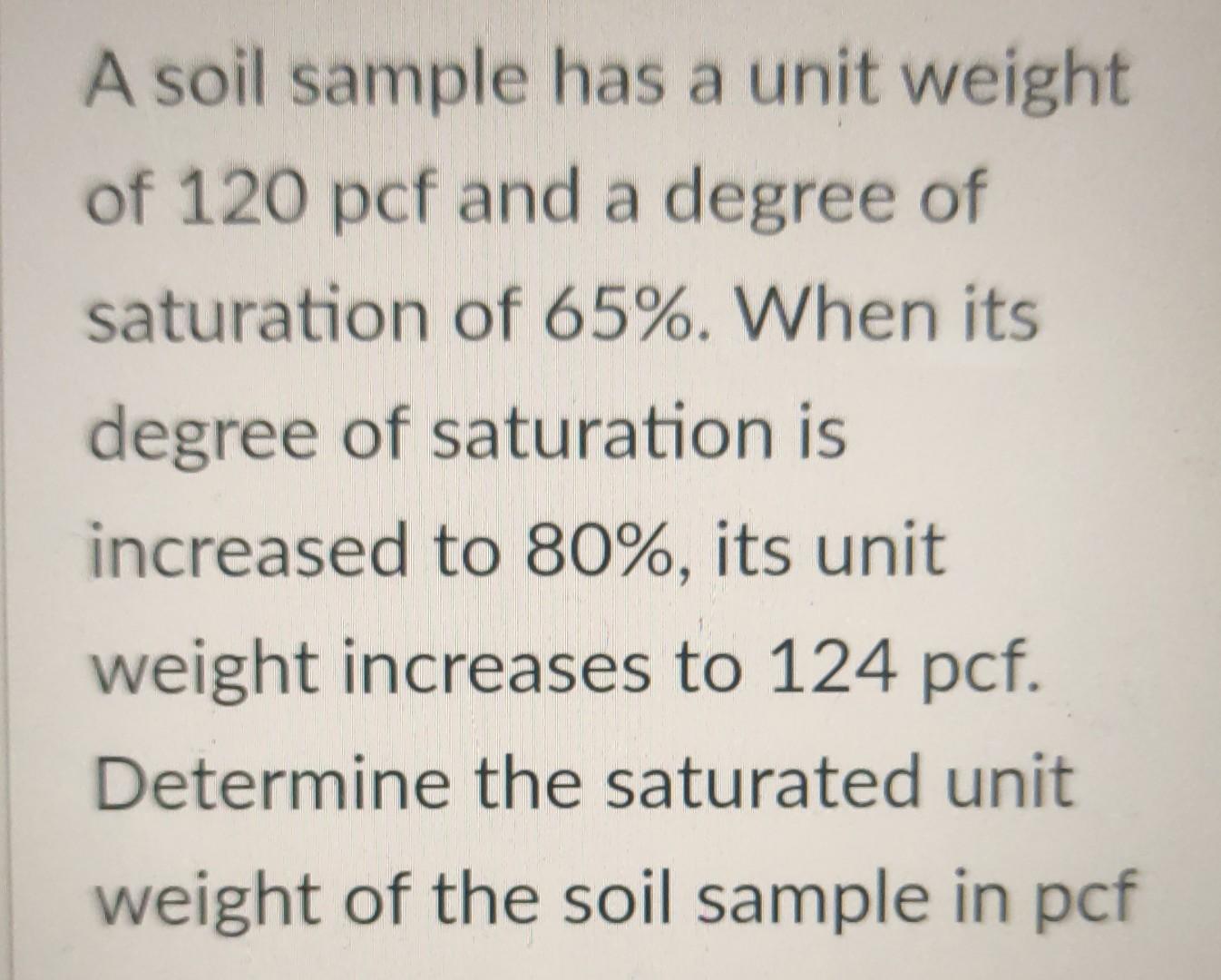 Solved A soil sample has a unit weight of 120 pcf and a | Chegg.com