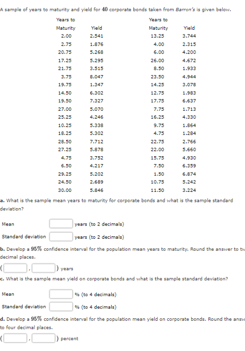 Solved A sample of years to maturity and yield for 40 | Chegg.com