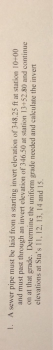 Solved 1. A sewer pipe must be laid from a starting invert | Chegg.com