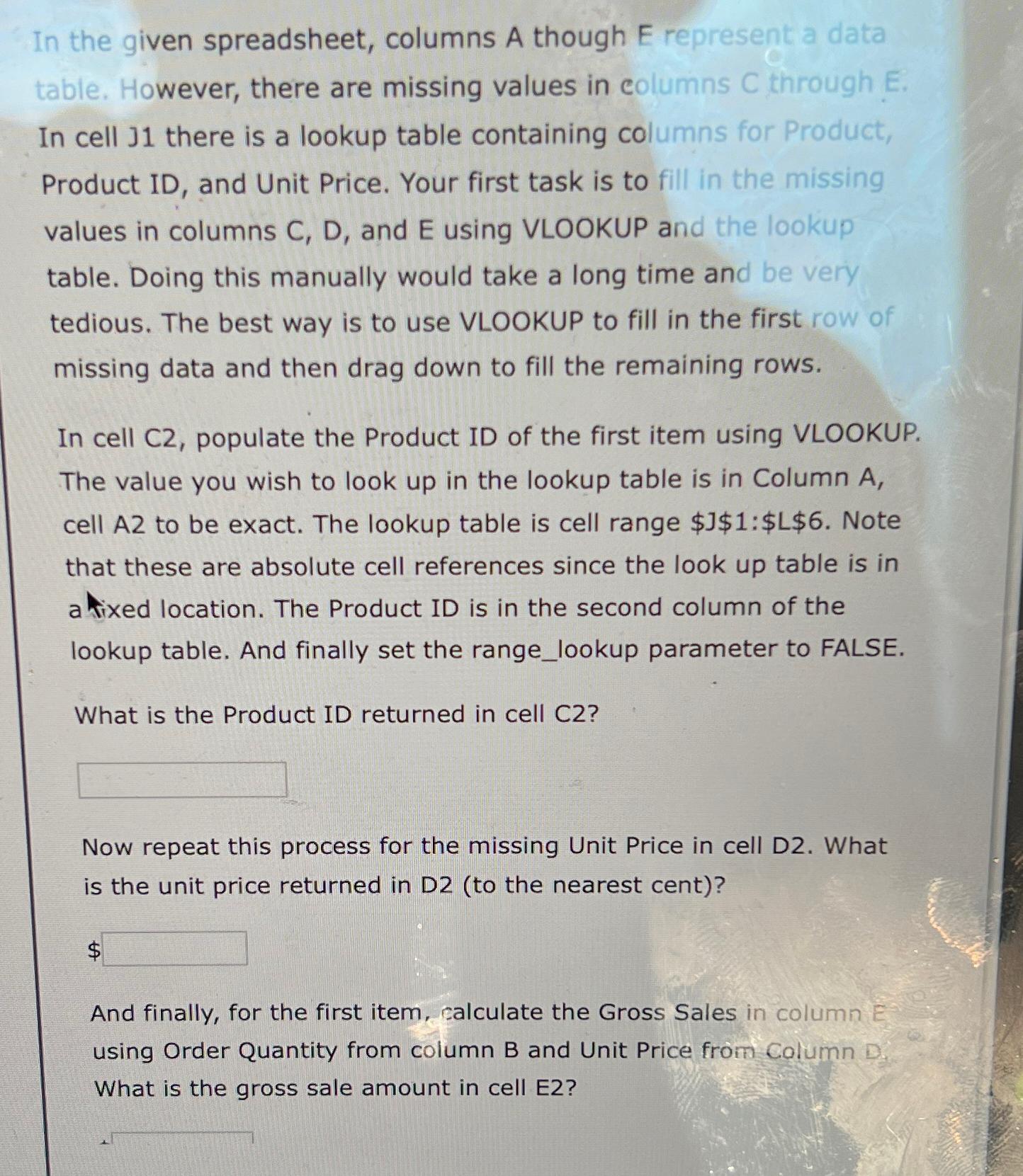 Solved In the given spreadsheet, columns A though E | Chegg.com