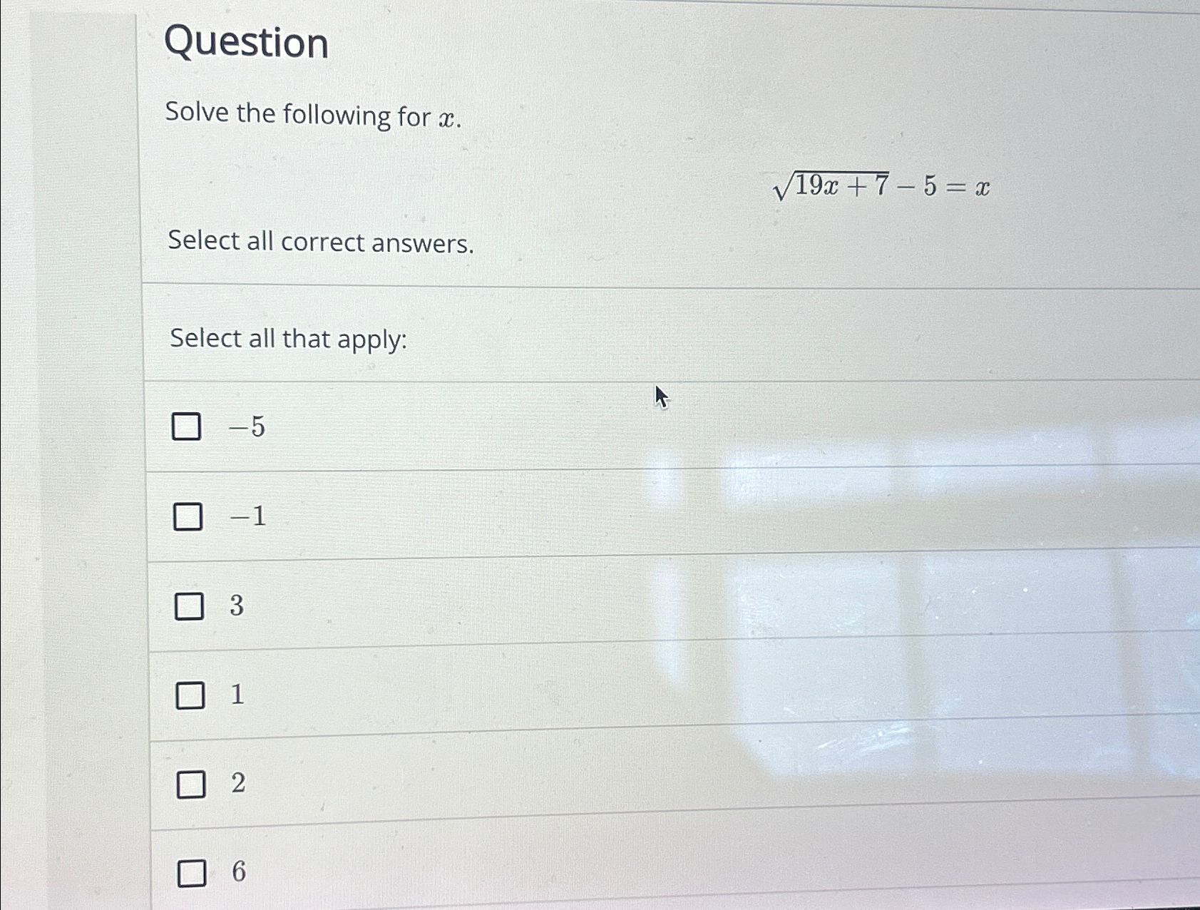 Solved QuestionSolve the following for x.19x+72-5=xSelect | Chegg.com