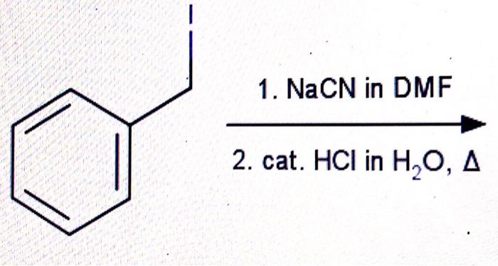 Solved 1. NaCN in DMF 2. cat. HCI in H,O, A | Chegg.com