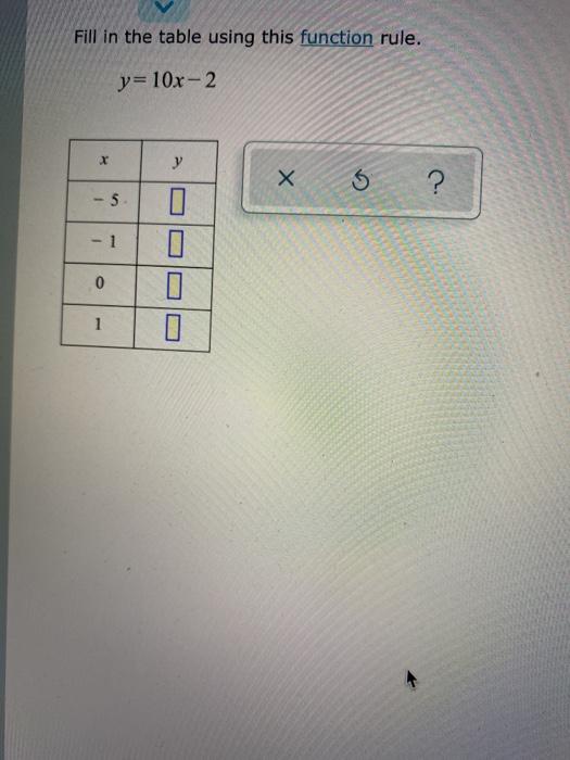 Solved Fill in the table using this function rule. y=10x-2 y | Chegg.com