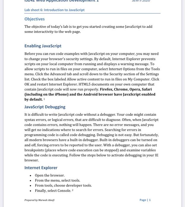 Solved Lab sheet 6: Introduction to JavaScript Objectives | Chegg.com