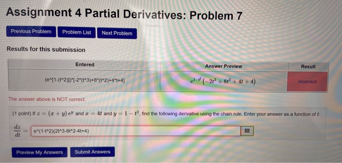 Solved Assignment 4 Partial Derivatives: Problem 7 Previous | Chegg.com