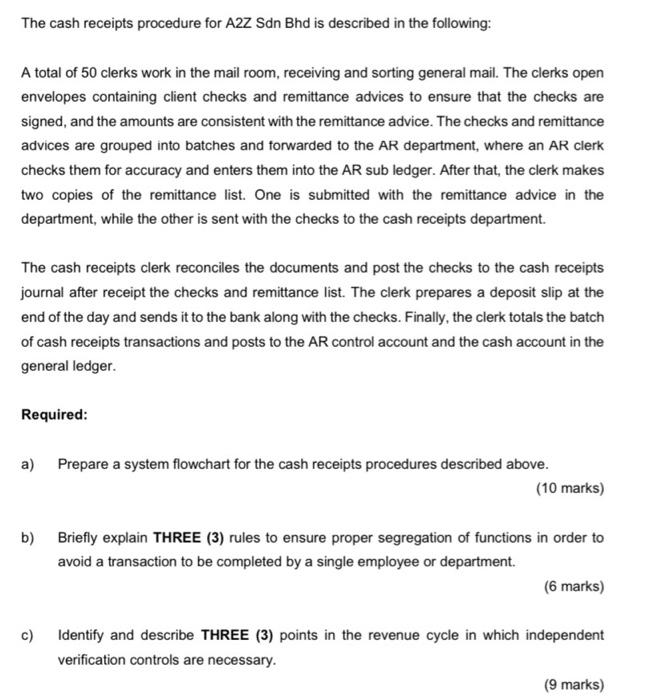 solved-the-cash-receipts-procedure-for-a2z-sdn-bhd-is-chegg