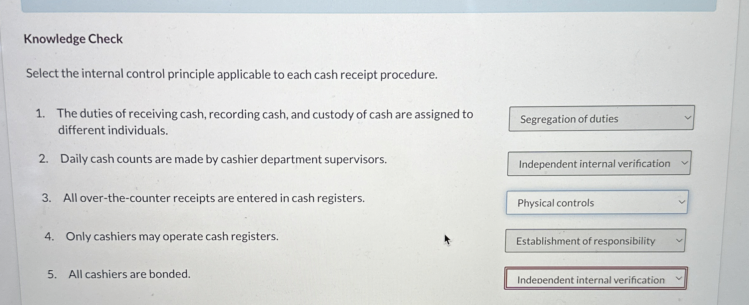 Solved Knowledge CheckSelect the internal control principle | Chegg.com