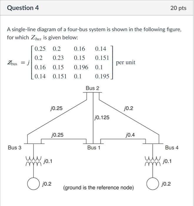 Solved Question 4 20 pts A single-line diagram of a four-bus | Chegg.com
