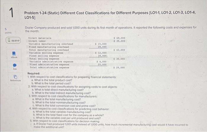 Solved Problem 1-24 (Static) Different Cost Classifications | Chegg.com
